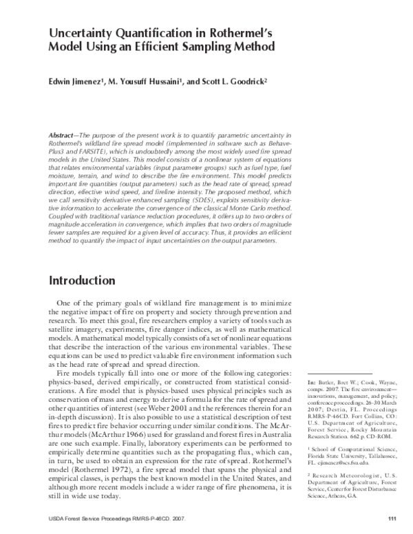 (PDF) Uncertainty quantification in Rothermel's Model using an efficient sampling method