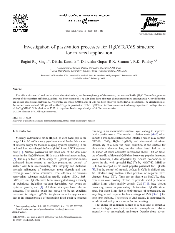 (PDF) Investigation of passivation processes for HgCdTe/CdS structure for infrared application
