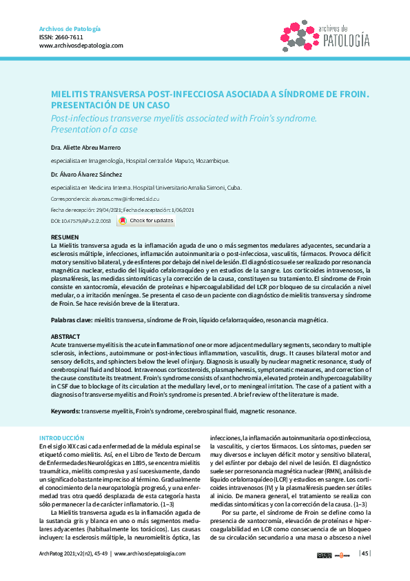 (PDF) Mielitis transversa post-infecciosa asociada a Síndrome de Froin ...