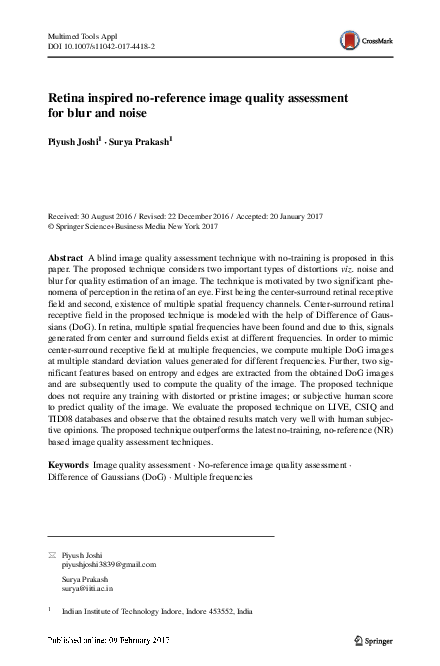 Pdf Retina Inspired No Reference Image Quality Assessment For Blur And Noise
