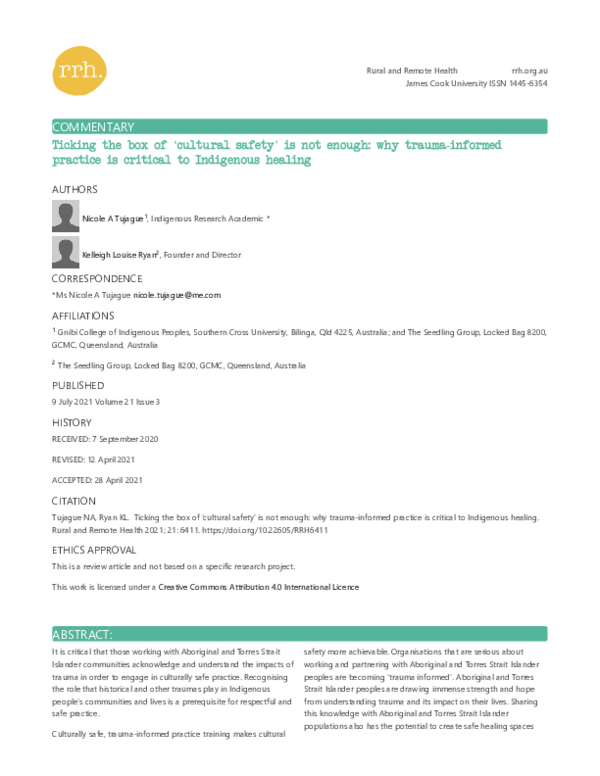(PDF) Ticking the box of â cultural safetyâ is not enough: why trauma ...