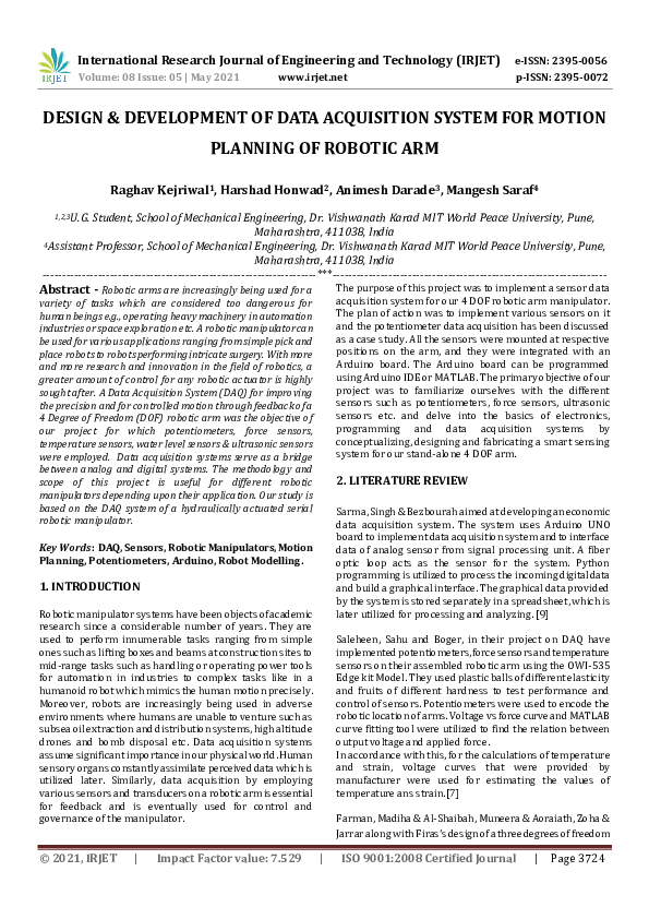 (PDF) Design & Development of Data Acquisition System for Motion Planning of Robotic Arm