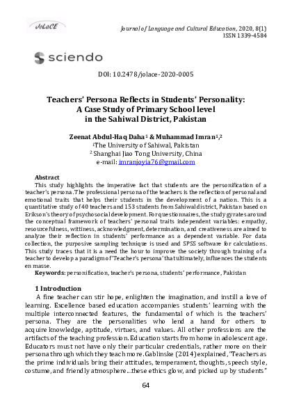 (PDF) Teachers' Persona Reflects in Students' Personality: A Case Study ...