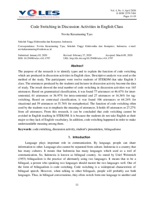 Pdf Code Switching In Discussion Activities In English Class