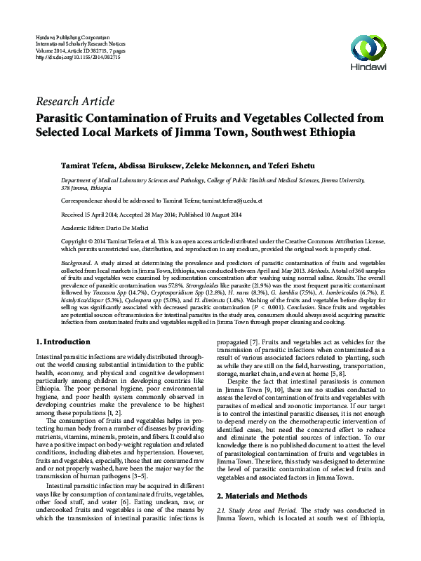 (PDF) Parasitic Contamination of Fruits and Vegetables Collected from ...