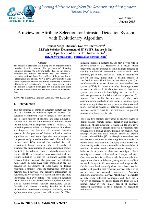 Pdf A Review On Attribute Selection For Intrusion Detection System With Evolutionary Algorithm