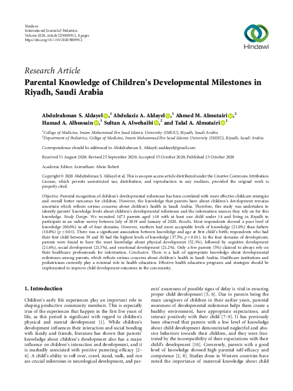 (PDF) Parental Knowledge of Children’s Developmental Milestones in ...