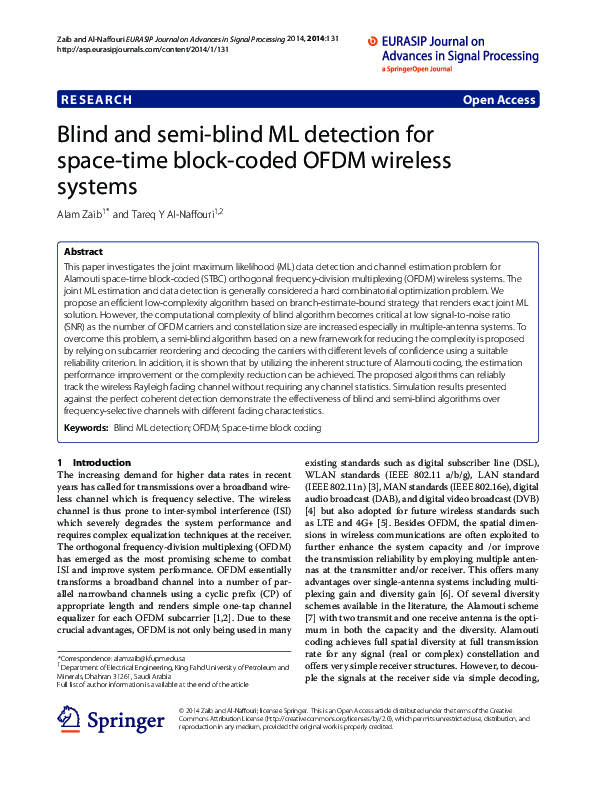 Pdf Blind And Semi Blind Ml Detection For Space Time Block Coded Ofdm Wireless Systems
