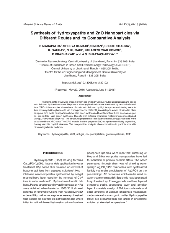 (PDF) Synthesis of Hydroxyapatite and ZnO Nanoparticles via Different ...
