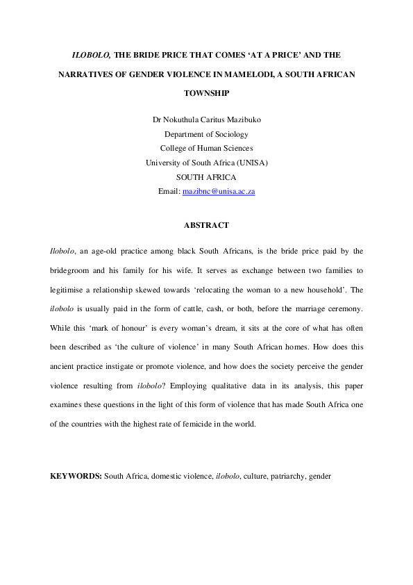 (PDF) Ilobolo, the Bride Price That Comes 'At A Price' and the ...
