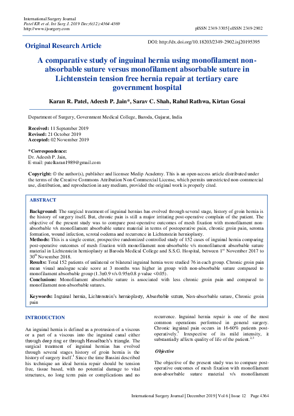 (PDF) A comparative study of inguinal hernia using monofilament non-absorbable suture versus ...