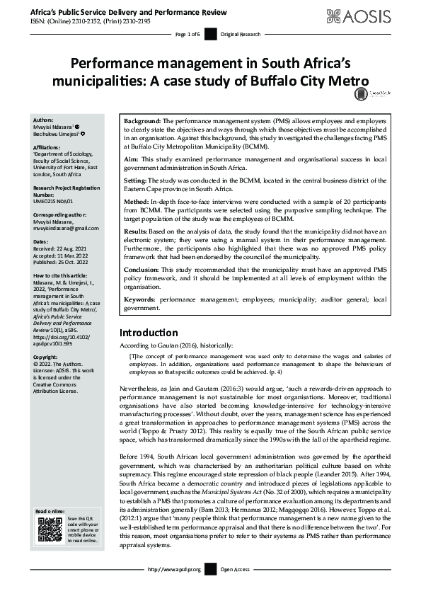 (PDF) Performance management in South Africa’s municipalities: A case ...