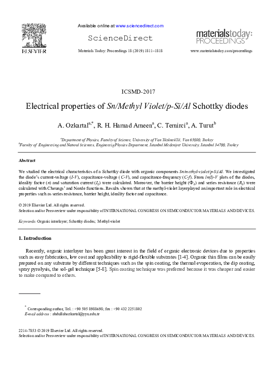 (PDF) Electrical properties of Sn/Methyl Violet/p-Si/Al Schottky diodes