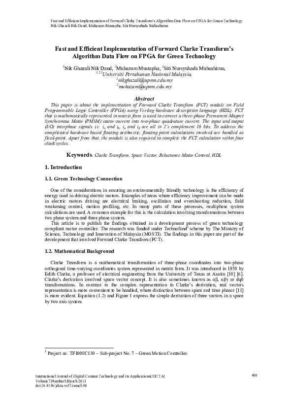 Pdf Fast And Efficient Implementation Of Forward Clarke Transforms Algorithm Data Flow On