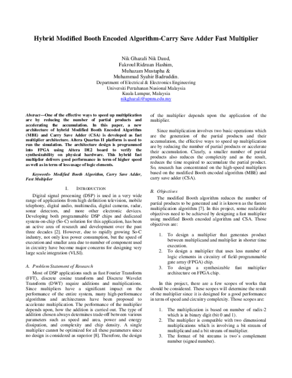 Pdf Hybrid Modified Booth Encoded Algorithm Carry Save Adder Fast 1013