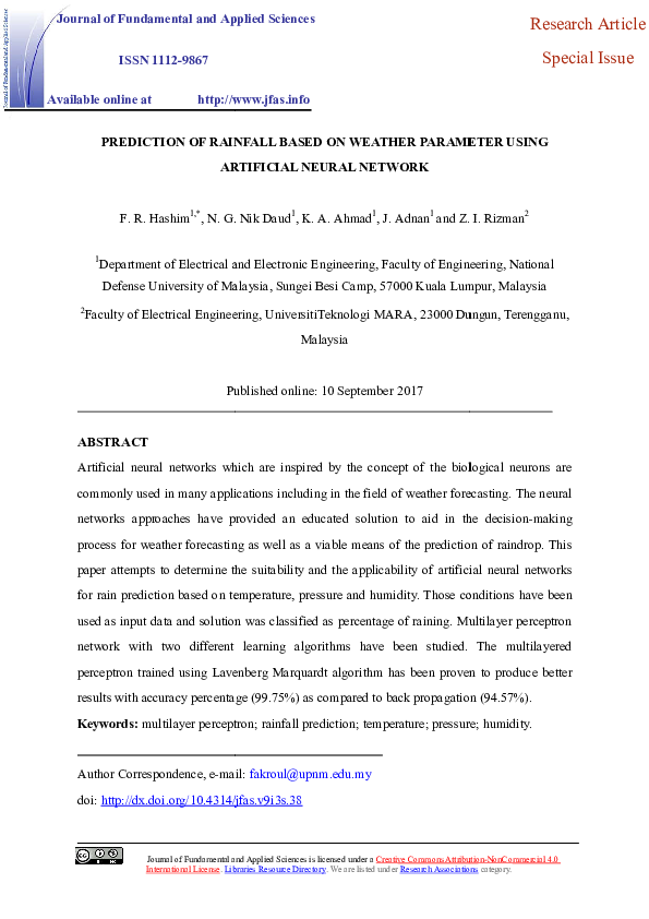 (PDF) Prediction of rainfall based on weather parameter using artificial neural network