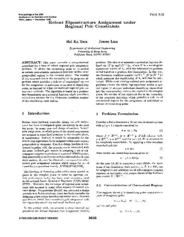 Pdf Regional Pole Assignment With Robust Algorithm