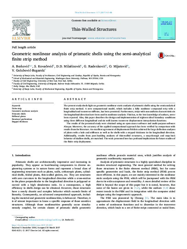 (PDF) Geometric nonlinear analysis of prismatic shells using the semi-analytical finite strip method