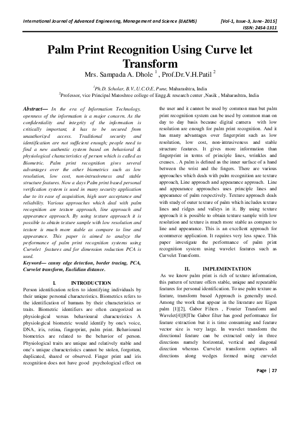 (PDF) Palm Print Recognition Using Curve let Transform