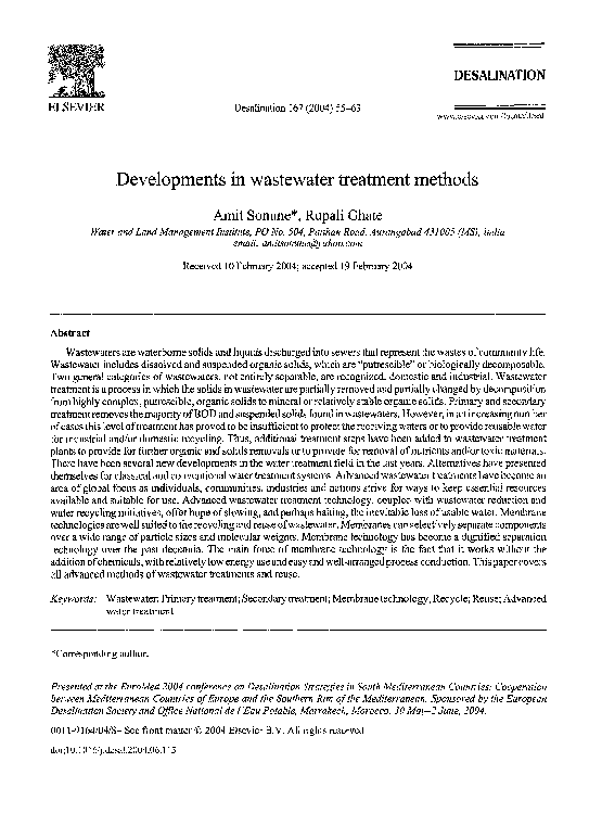 (PDF) Developments in wastewater treatment methods