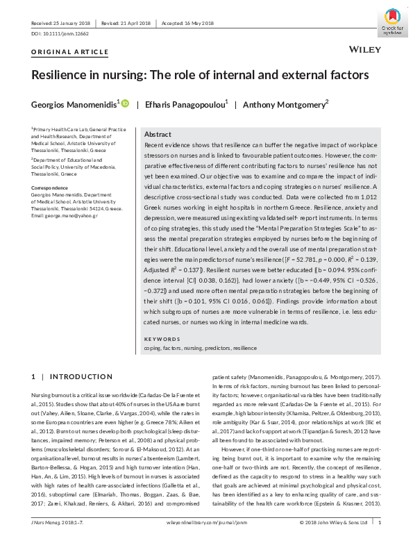 (PDF) Resilience in nursing: The role of internal and external factors