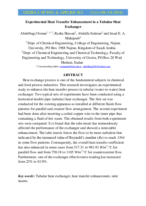 (PDF) Experimental Heat Transfer Enhancement in a Tubular Heat Exchanger
