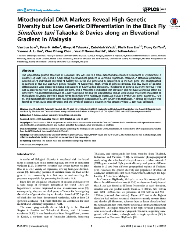 (PDF) Mitochondrial DNA Markers Reveal High Genetic Diversity but Low Genetic Differentiation in ...