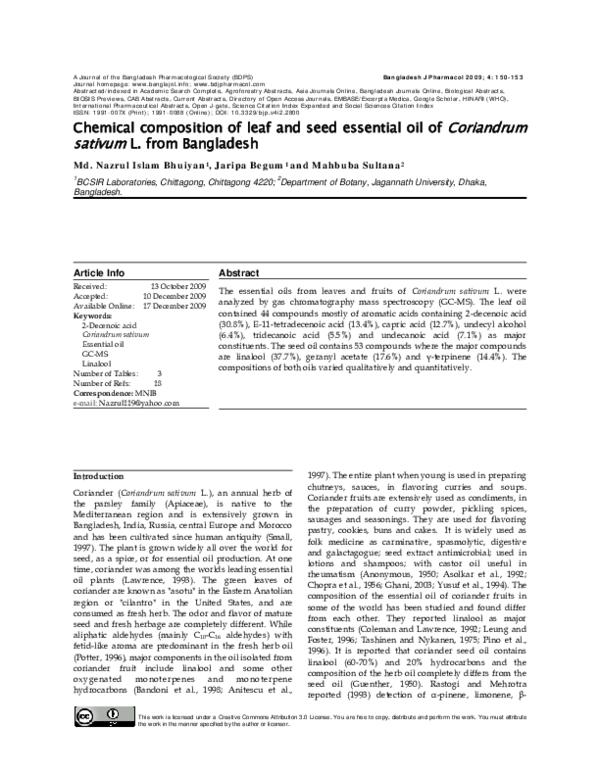 (PDF) Chemical composition of leaf and seed essential oil of Coriandrum ...