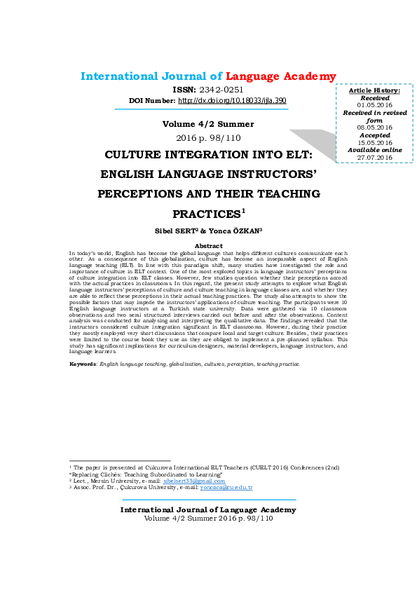 (PDF) Culture Integration Into Elt: English Language Instructors' Perceptions and Their Teaching ...