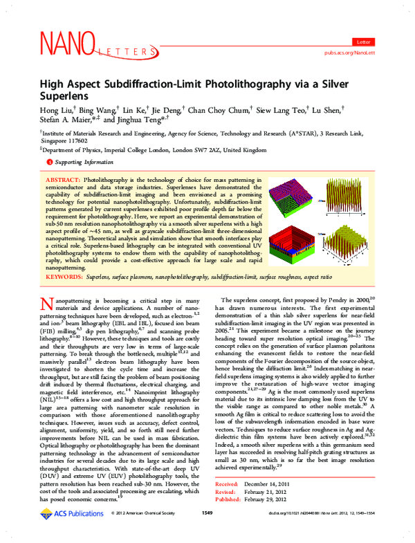 (PDF) High Aspect Subdiffraction-Limit Photolithography via a Silver ...