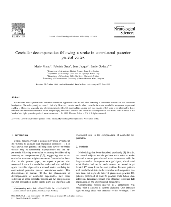 (PDF) Cerebellar decompensation following a stroke in contralateral ...