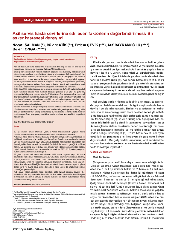 Pdf Evaluation Of Factors Affecting Emergency Department Handovers Experience Of A Military