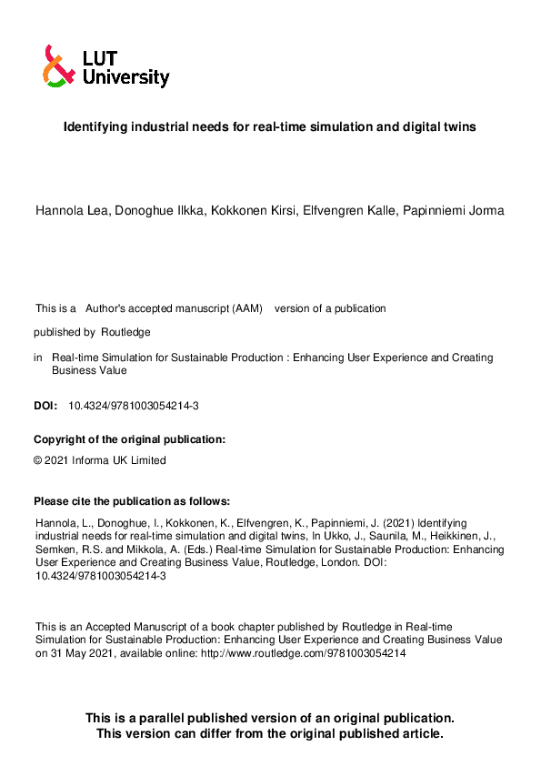 (PDF) Identifying industrial needs for real-time simulation and digital twins