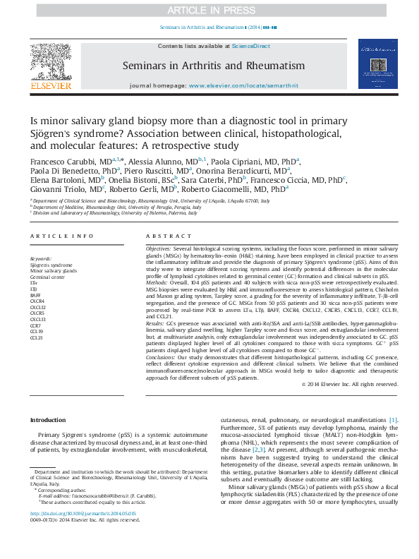(PDF) The importance of minor salivary gland biopsy in sjÃ¶gren ...