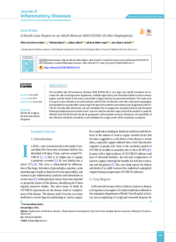 (PDF) A Death Case Report in an Adult Woman With COVID-19 after Septoplasty