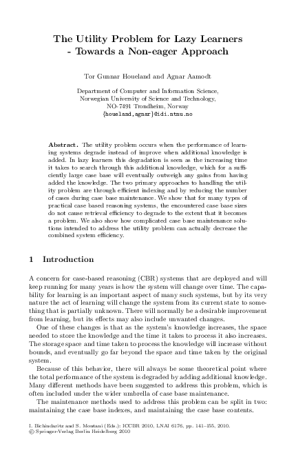 (PDF) The Utility Problem for Lazy Learners - Towards a Non-eager Approach