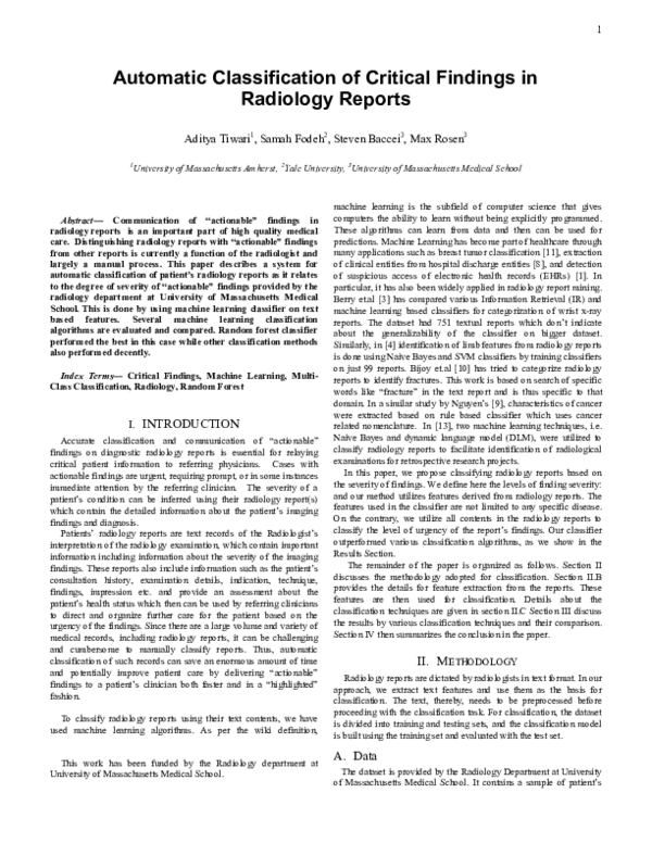 (PDF) Automatic Classification of Critical Findings in Radiology Reports