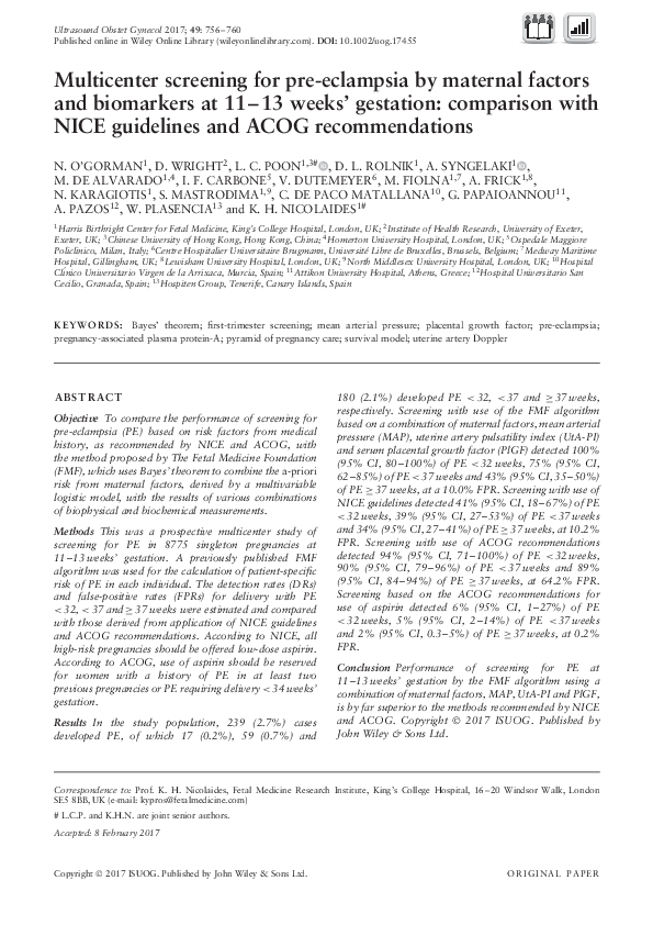 (PDF) Multicenter screening for pre-eclampsia by maternal factors and ...