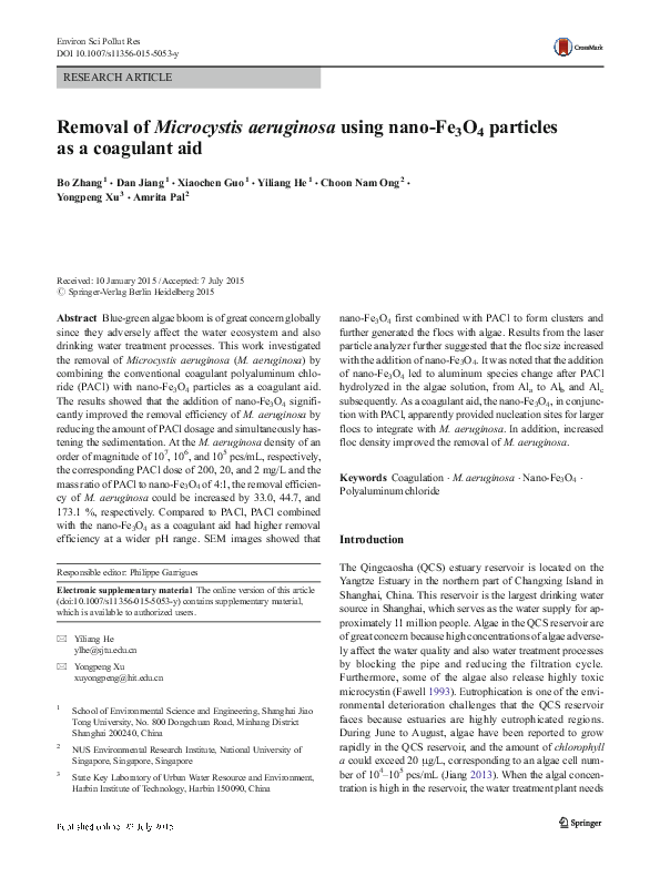 (PDF) Removal of Microcystis aeruginosa using nano-Fe3O 4 particles as ...