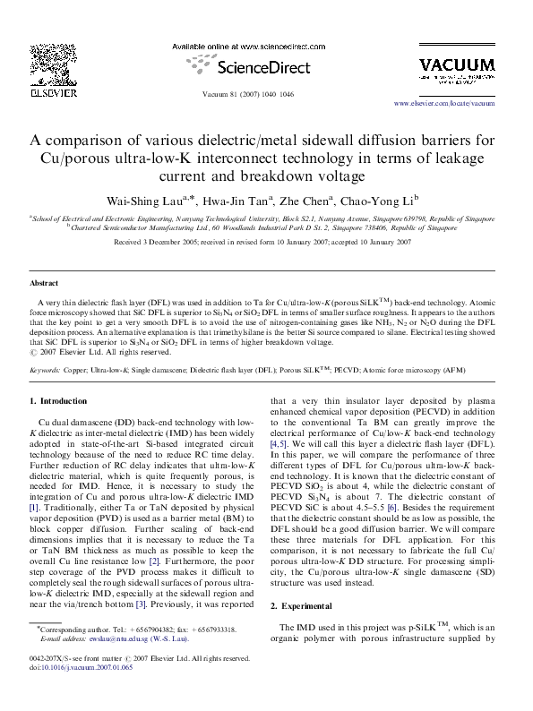 (PDF) A comparison of various dielectric/metal sidewall diffusion ...