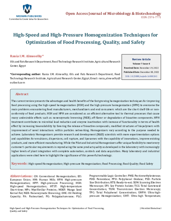 (PDF) High-Speed and High-Pressure Homogenization Techniques for Optimization of Food Processing ...