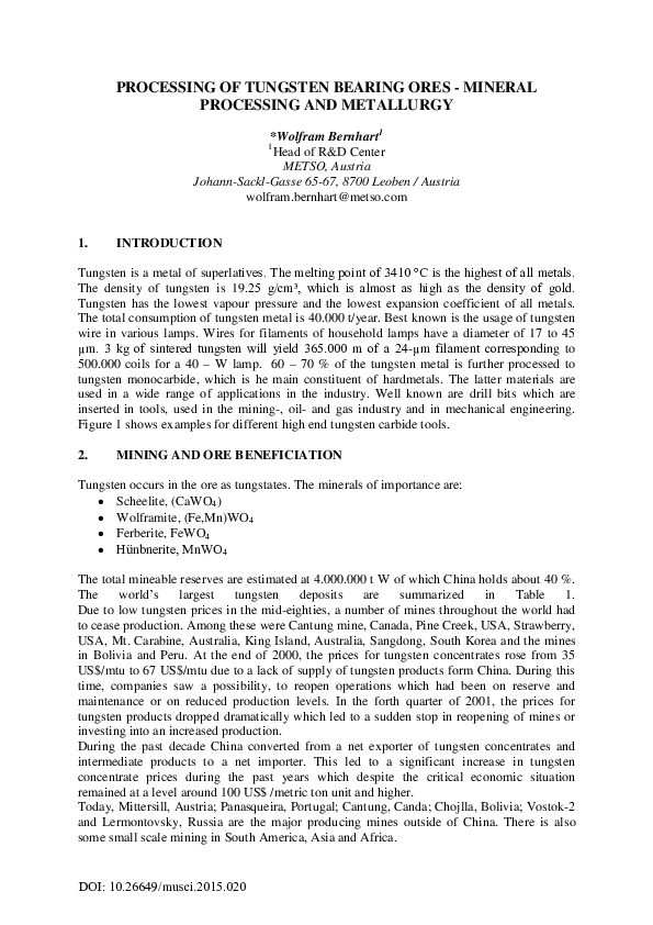 (PDF) Processing of Tungsten Bearing Ores - Mineral Processing and ...