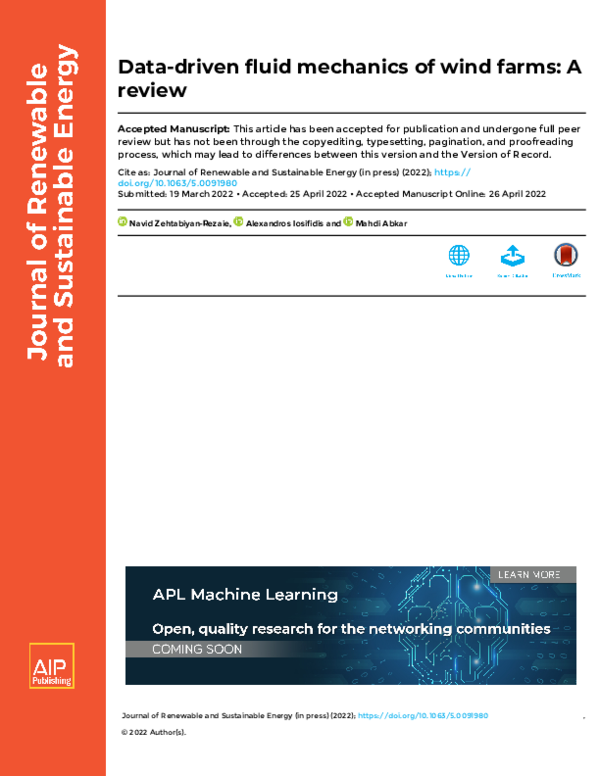 (PDF) Data-driven fluid mechanics of wind farms: A review