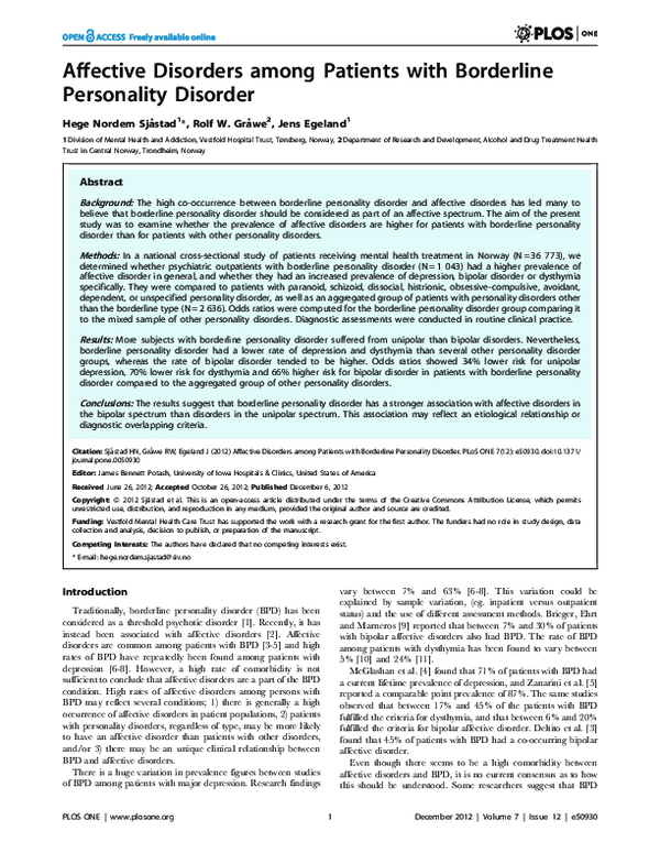 (PDF) Affective Disorders among Patients with Borderline Personality Disorder