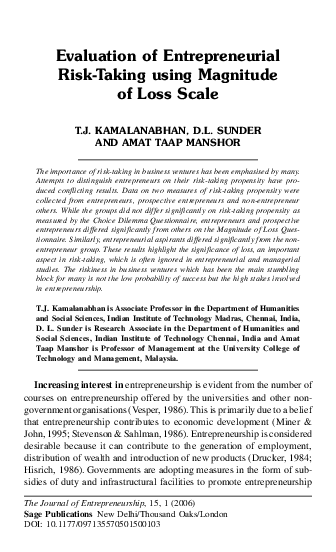 (PDF) Evaluation of Entrepreneurial Risk-Taking using Magnitude of Loss ...