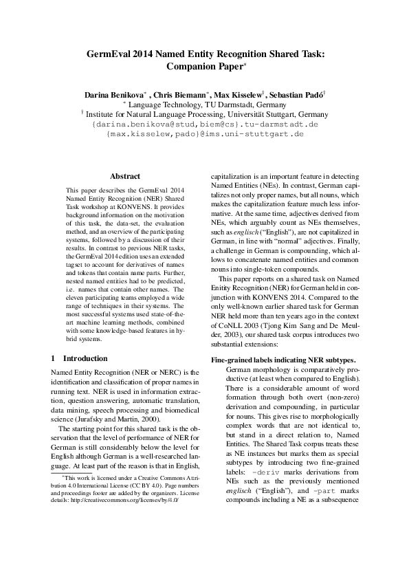 (PDF) GermEval 2014 Named Entity Recognition Shared Task: Companion Paper