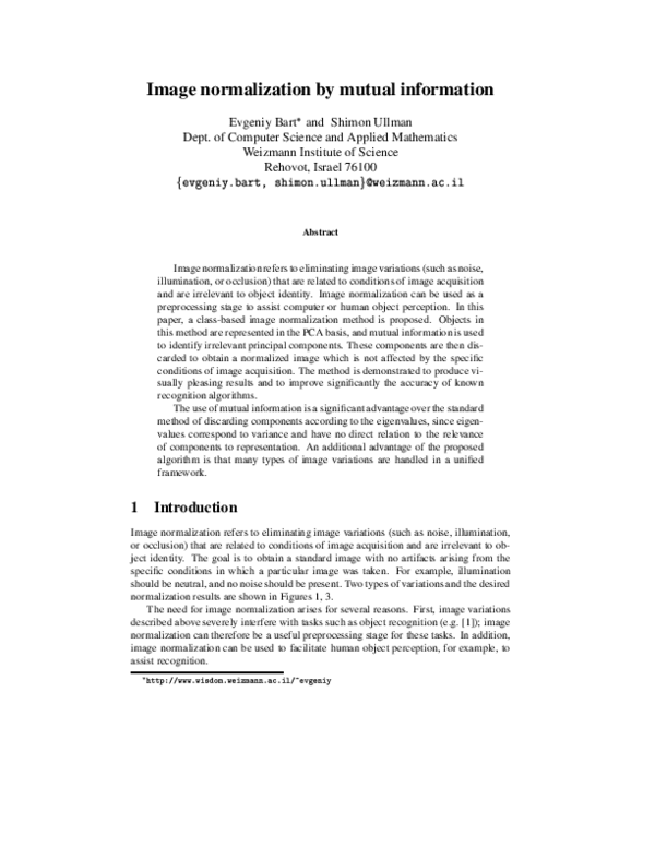 (PDF) Image normalization by mutual information | shimon ullman ...