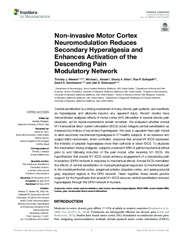 (PDF) Non-invasive Motor Cortex Neuromodulation Reduces Secondary ...