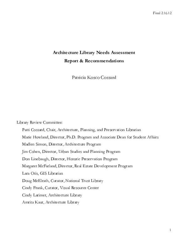 (PDF) Architecture Library Needs Assessment Report & Recommendations