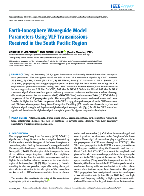 (PDF) Earth-Ionosphere Waveguide Model Parameters Using VLF Transmissions Received in the South ...